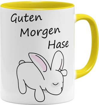 OM3 Guten Morgen Hase Kaffee-Tasse mit Spruch - Statement Tiermotiv s&uuml;&szlig;es Motiv - Keramik Becher - 325ml - Beidseitig Bedruckt - Gelb