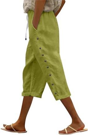 Generic Pantalon large pour femme - Couleur unie - Coton et lin - Pantalon &eacute;lastique - Pantalon de plage d&eacute;contract&eacute; - Pantalon en lin avec femme r&eacute;tro, vert,
