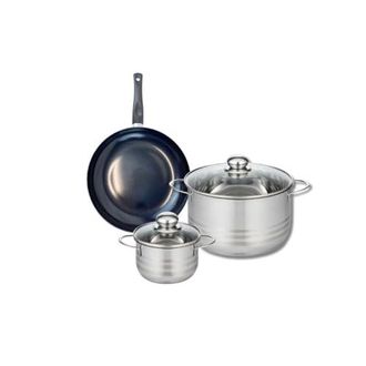 Fackelmann ELO 9713550 Batterie de cuisine 3 pièces, Ensemble de 1 Poêle de cuisson 24 cm et 2 faitouts 14 et 24 cm Elo Prima Brillant, inox, induction, Noir