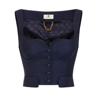 Elisabetta Franchi Coolwool- und T&uuml;ll-Top - - Tops - Damen - Blau - XL