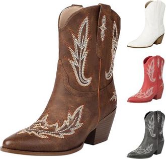 Generic Bottes de cowboy pour femme - Coupe large - À enfiler - Talon moyen - Bout pointu - Broderie occidentale - Bottes déquitation country - Bottes classiq