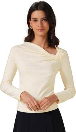 Allegra K Hauts &agrave; Manches Longues Femmes Chemisier Col Asym&eacute;trique D&eacute;contract&eacute;s Coupe Ajust&eacute;s avec Noeud Fronc&eacute; Beige S
