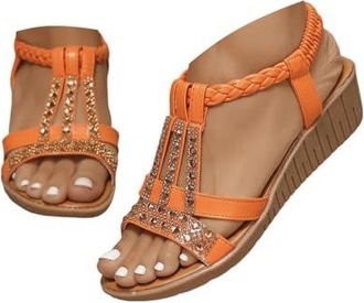 Onsoyours Sandale Femme Compensees Été Mode Élégance Mules Sandales Bout Ouvert Rome Strass Bride Cheville Chaussures Pour Plage Vacances B Orange 36 EU, XY2106