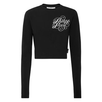 Philipp Plein Femme, Tops, Noir, Taille: 36 FR T-Shirt Manches Longues Modal Col Rond Signature