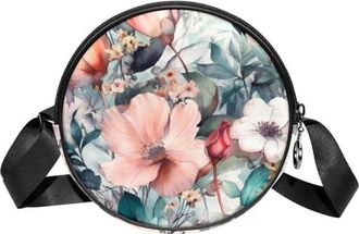 Generic Petit sac &agrave; bandouli&egrave;re circulaire pour femme, motif feuilles florales, sac &agrave; dos avec fermeture &eacute;clair, bretelles r&eacute;glables, sac &agrave; main rond d&eacute;contra