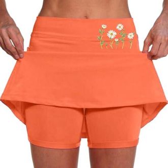 Generic Jupe-short de yoga &eacute;lastique pour femme, couleur unie, short de tennis athl&eacute;tique, l&eacute;ger, contr&ocirc;le du ventre, jupes &agrave; imprim&eacute; floral, Orange, 4XL