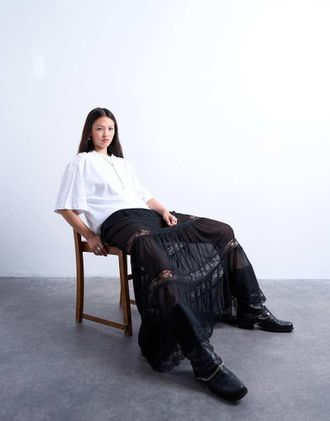 Topshop Jupe longue et transparente avec empiècements en dentelle - Noir