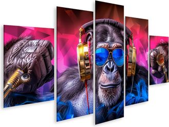 Islandburner Bild auf Leinwand Affe mit Kopfh&ouml;rern und Sonnenbrille auf neon Hintergrund f&uuml;r Wohnzimmer Jugendliche Musikgesch&auml;ft Bilder Wandbilder Poster