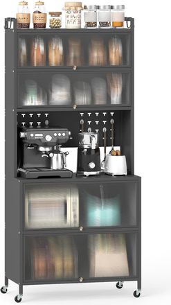 Costway GOPLUS K&uuml;chenschrank mit 5/6 Ebenen, Buffetschrank mit Arbeitsplatte & Schr&auml;nken, Vorratsschrank mit Klappt&uuml;ren, Haken, K&uuml;chenbuffet mit Rollen, Mikro