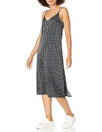 The Drop Ana Robe midi soyeuse à col V À enfiler pour Femme, Blanc avec imprimé à pois noirs, XXL Grande taille