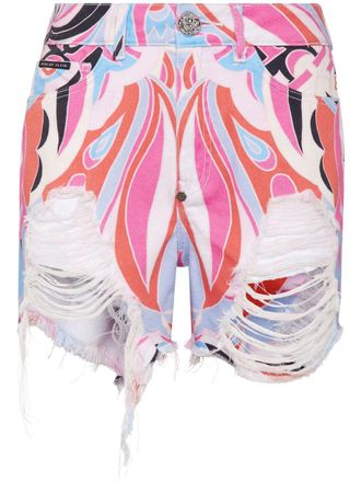 Philipp Plein short mini Colorful Circus &agrave; effet us&eacute; - Blanc