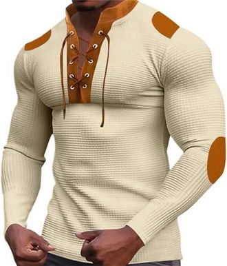 Generic T-shirt &agrave; manches longues et col en V pour homme, chemise gaufr&eacute;e &agrave; lacets, T-shirts l&eacute;gers et respirants &agrave; manches longues, hauts confortables pour l