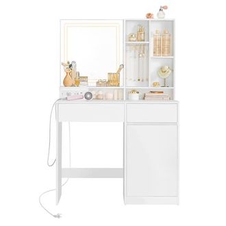 Vasagle Kailyn Collection - Coiffeuse avec Miroir et Lumi&egrave;re, Table de Maquillage, avec Tiroirs, Rangement Bijoux, pour Chambre, Largeur de 90 cm, Blanc Nuage