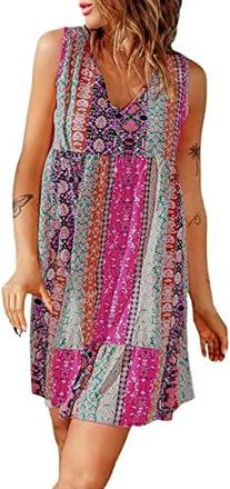 Generic Robes d&eacute;t&eacute; 2026 boh&egrave;me pour femmes, robe courte sans manches &agrave; volants et col en V, rose vif, XL