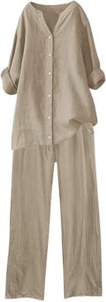 Generic Surv&ecirc;tement deux pi&egrave;ces pour femme en lin d&eacute;contract&eacute; &agrave; col rond et manches 3/4, pantalon &agrave; jambe large avec poches, v&ecirc;tement de d&eacute;tente pour femme, p