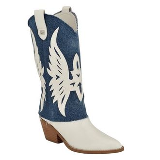 Guess Femme Raegan Botte de Western, Denim/Blanc 140, 38.5 EU