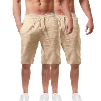 Generic Lot de 2 pantalons de plage courts en lin pour homme - Pantalon d&eacute;t&eacute; l&eacute;ger avec cordon de serrage - Pantalon en tissu respirant - Couleur unie - Panta