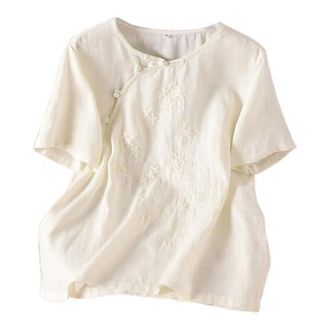 Generic T-shirt ample en lin pour femme avec boutonni&egrave;re et broderie pour femme style litt&eacute;raire, beige, XXL