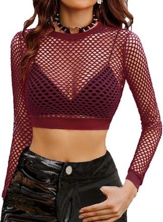 Avidlove Haut sexy en maille pour femme - Manches longues - Clubwear - Crop - Loisirs - Col rond - F&ecirc;te de la bi&egrave;re - Haut en maille, Bordeaux, XXL
