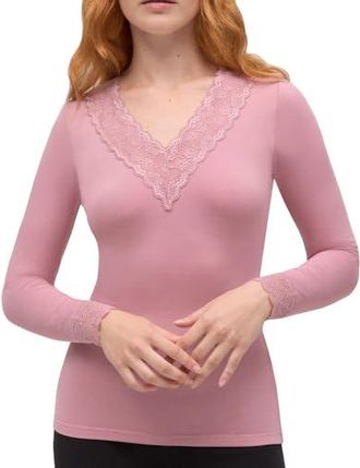 Ysabel Mora T-shirt thermique &agrave; col en V en dentelle pour femme. Chaleur et confort. Design polyvalent. Id&eacute;al pour lhiver. Tissu doux. Thermicit&eacute; mod&eacute;r&eacute;e. Pour in