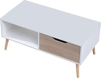 Happy Garden Table Basse avec tiroir Style scandinave Blanche Freja. Table de Salon en Bois avec Rangement. Table rectangulaire avec Pieds en Bois