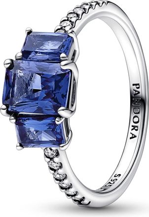 Pandora Timeless Blauer Rechteckiger Funkelnder Drei-Stein-Ring in Sterling-Silber mit Cubic Zirkonia Timeless Collection, Gr&ouml;&szlig;e 58, 192389C01-58
