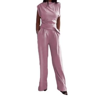 Generic Tenue deux pi&egrave;ces pour femme, col rond, pliss&eacute;, sans manches, d&eacute;contract&eacute;, d&eacute;bardeur &agrave; jambes larges, confortable et &eacute;l&eacute;gant, rose, XXL