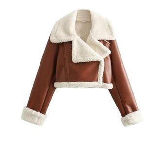 Generic Veste courte en cuir dagneau pour femme - Épais et chaud - Style motard - Fermeture éclair - Automne et hiver - Vêtement dextérieur vintage, café clai
