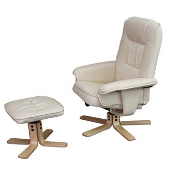 Mendler Relaxsessel M56, Fernsehsessel TV-Sessel mit Hocker Ottomane, Kunstleder Eukalyptus Holz FSC-Zertifiziert - Creme