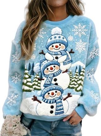 Generic Sweat-Shirt de No&euml;l en Flanelle avec imprim&eacute; Chat pour Femme, Style d&eacute;contract&eacute;, &eacute;l&eacute;gant, Doux et Chaud, Pull de No&euml;l Fantaisie &agrave; col Rond, Haut de Va