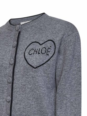 Chlo&eacute; Wool-Cashmere with Heart Embroidery Cardigan - Gray
