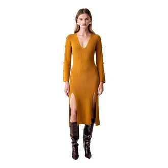 Elisabetta Franchi Robe en maille avec boutons bijoux - Femme - Robes - Jaune - Taille: 44 FR