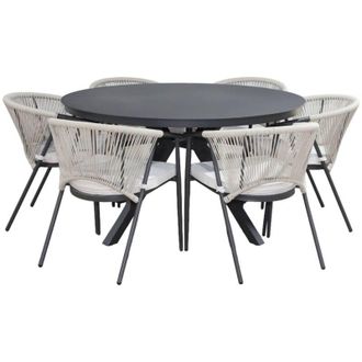 Sweeek Runder Gartentisch &Oslash;140 cm aus Aluminium und Glas + 6 Sessel Anthrazit / Beige