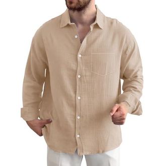 Generic Chemise boutonn&eacute;e &agrave; manches longues pour homme, chemise d&eacute;contract&eacute;e unie l&eacute;g&egrave;re urbaine &eacute;l&eacute;gante d&eacute;t&eacute; avec poche pour vacances tropicales plage pour 