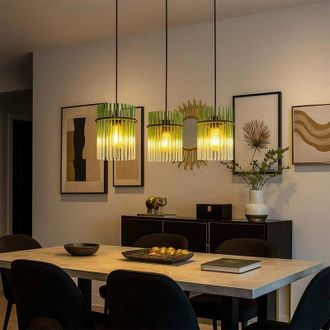 Globo Lighting Suspension LED Lampe de table &agrave; manger Lampe &agrave; suspendre Salon 3 flammes, m&eacute;tal vert, clair, noir, 7W 806lm blanc chaud, LxlxH 80x20x140 cm