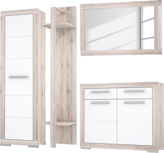Loftscape home24 Garderobenset 4-teilig 217 x 199 x 39cm Weiß/Beige/Sandeiche Dekor