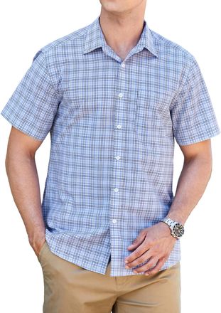 Hisdern Blau Hemd Kariert Herren Kurzarm Herren Freizeithemd Kariertes Hemden Sommerhemd Arbeitshemd für Männer Regular Fit mit Tasche 3XL