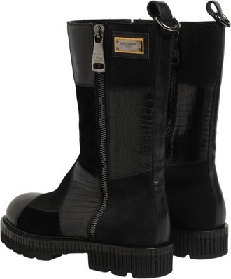 Dolce & Gabbana Schwarze Patchwork Leder Stiefel bis zur Mitte der Waden