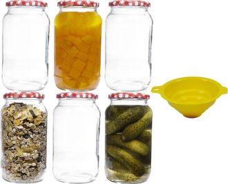 mikken Art 6 x Einmachglas 1 Liter mit Schraubverschluss rot/weiß kariert, inkl. Trichter