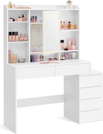 Vasagle Kailyn Collection - Coiffeuse, Grand Miroir LED &agrave; Luminosit&eacute; R&eacute;glable, Table de Maquillage, 40 x 118,3 x 145 cm, Compartiments Ouverts, &Eacute;tag&egrave;res R&eacute;gla