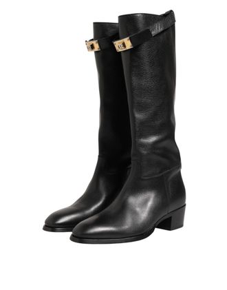 Dolce & Gabbana Mens Black Logo Plaque Over The Calf Boots Shoes Lamb