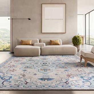 Safavieh Boho Teppich f&uuml;r Wohnzimmer, Esszimmer, Schlafzimmer - Madison Collection, Kurzer Flor, Elfenbein und Hellblau, 244 X 305 cm