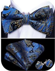 Barry.Wang Ensemble de noeud papillon, boutons de manchette carré de poche en soie motif cachemire pour homme - Bleu - Taille Unique