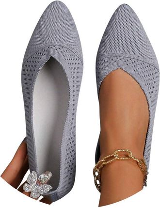 Minetom Damen Ballerina Flache Schuhe Spitze Zehe Strick Kleid Schuhe Slip On Sommer Walking Flats Loafer F&uuml;r Frauen Bequem Weich A Grau 43 EU