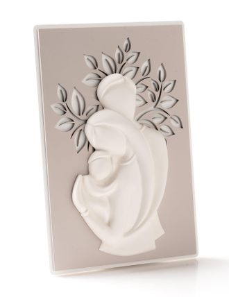 Arte 29,5 x 19,5 cm. Modernes Bild Heilige Familie aus Kunstharz mit Halterung aus weiß lackiertem Holz, moderner Gegenstand in Weiß auf grauem verziertem 