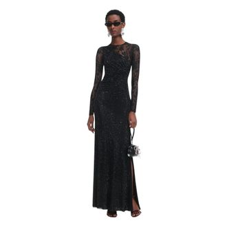 Self Portrait Maxikleid mit Strass-Spitzen&auml;rmeln - - Dresses - Damen - Schwarzk - 2XS
