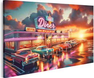 Islandburner Bild auf Leinwand Klassischer Diner mit Oldtimer Autos bei Sonnenuntergang Bilder Wandbilder Poster