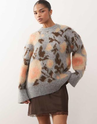 Monki Pull en maille &agrave; fleurs jacquard - Gris