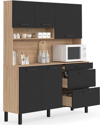 IDMarket Buffet de cuisine casserolier 140 CM CINA 5 portes + 3 tiroirs façon hêtre et noir