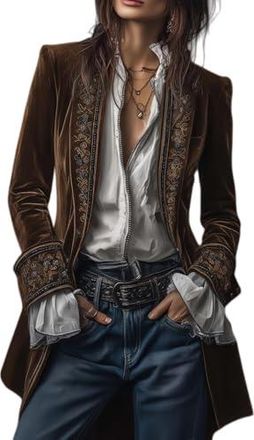 Generic Vintage Marine Polyester Velours Brod&eacute; Longue Veste Victorian Manteau Femmes Renaissance Top Col V R&eacute;tro Blouse, marron, L